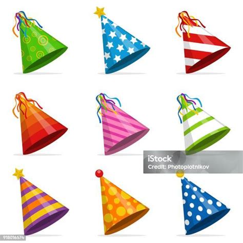 화려한 파티 모자 콘에 고립 된 흰색 배경을 설정합니다 휴일의 액세서리 상징입니다 생일 모자 설정합니다 벡터 일러스트 레이 션 파티 모자에 대한 스톡 벡터 아트 및 기타