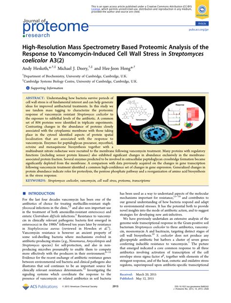 Pdf High Resolution Mass Spectrometry Based Proteomic Analysis Of The Response To Vancomycin