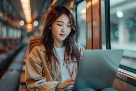Woman Working On Laptop Computer On Train Premium Ai Generated Image