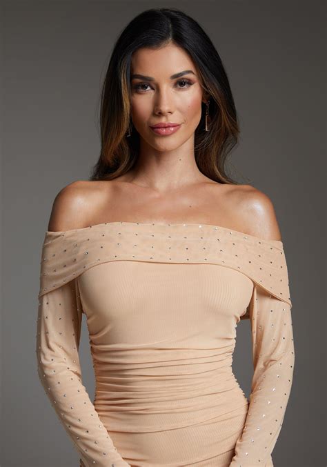 Bebe Off Shoulder Mesh Midi Dress Embellished With Crystals By Swarovs