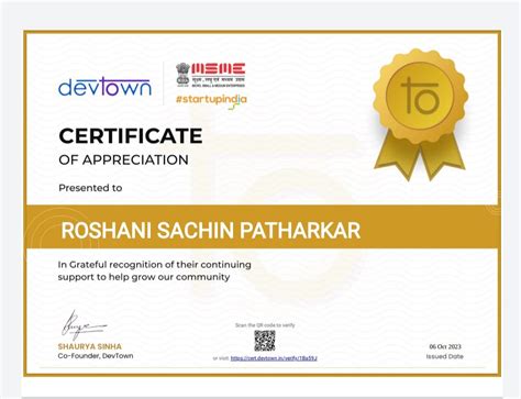 roshani patharkar on linkedin devtown certificate appriciation
