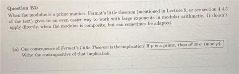 Solved Question B2 When The Modulus Is A Prime Number Chegg Com