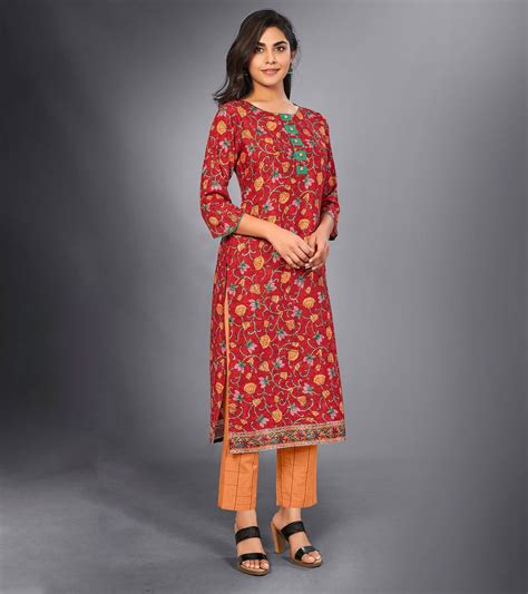 Buy Nowlaxmipati Carmine Red Straight Cut Kurti With Digital Print