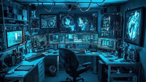 Futuristic Office Setup With Multiple Monitors And Blue Neon Lighting