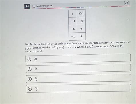 Solved 14 Mark For Review Abc For The Linear Function G The Table