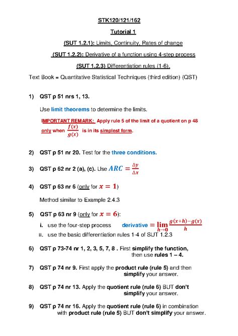 STK121 Tutorial 1 MEMO 2024 QST STK1 2 0 121 Tutorial 1 SUT 1 2 Limits Continuity