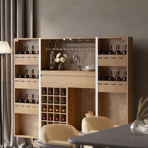Modern Tall Home Bar Cabinet Pine Wood Wine Cabinet With Storage｜homary