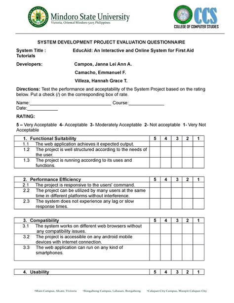 Questionnaires Questionnaire For Project System Development Project