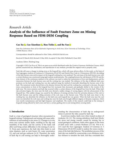 Pdf Analysis Of The Influence Of Fault Fracture Zone On Mining Response Based On Fdm Dem Coupling