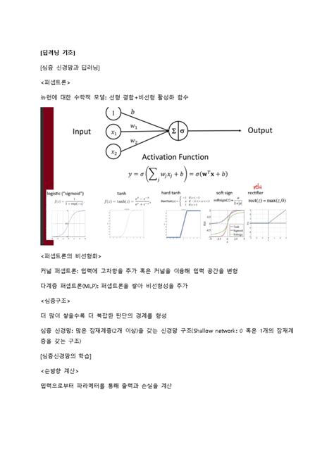 데이터학습과지능 기말정리 최종본 [딥러닝 기초] [심층 신경망과 딥러닝] 뉴런에 대한 수학적 모델 선형 결합 비선형 활성화 함수