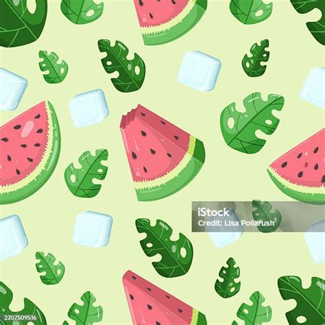 녹색 열대 잎 벡터 얼음 조각과 함께 완벽 한 패턴을 가진 수박 쐐기 과일 여름 완벽 한 패턴과 수박 조각 포장지와 장식에 유용합니다 0명에 대한 스톡 벡터 아트 및 기타