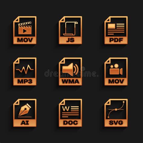 Set Wma File Document Doc Svg Mov Ai And Mp3 Icon Vector Stock