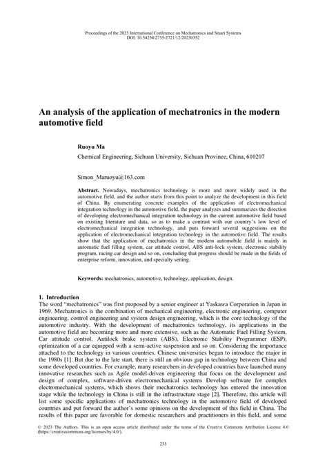 Pdf An Analysis Of The Application Of Mechatronics In The Modern Automotive Field