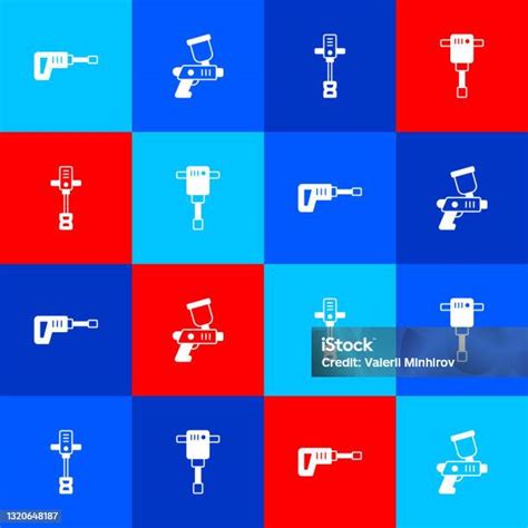 로터리 해머 드릴 머신 페인트 스프레이 건 전기 손 콘크리트 믹서 및 건설 잭해머 아이콘을 설정합니다 벡터 Rotary International에 대한 스톡 벡터 아트 및