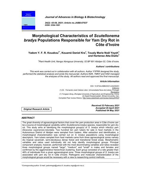 Pdf Morphological Characteristics Of Scutellonema Bradys Populations