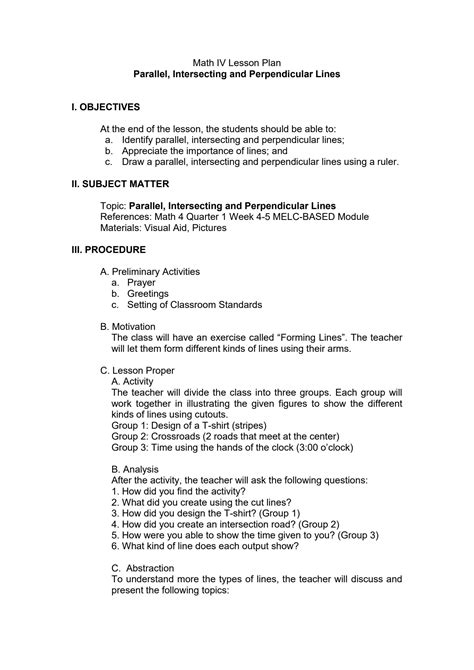 SOLUTION Lesson Plan In Parallel Intersecting And Perpendicular Lines Studypool