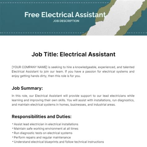 Free Electrical Assistant Job Description Template To Edit Online