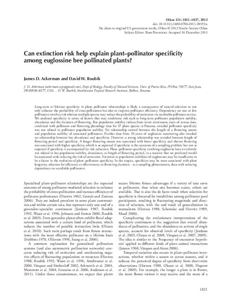 Pdf Can Extinction Risk Help Explain Plant Pollinator Specificity