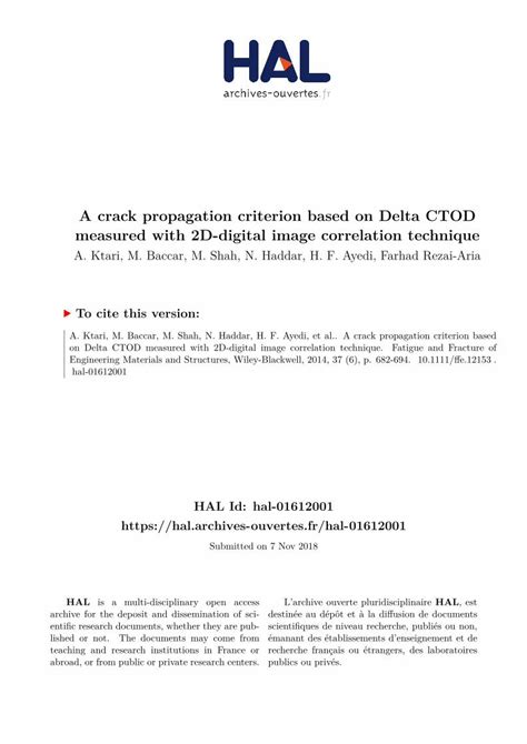Pdf A Crack Propagation Criterion Based On Delta Ctod Measured