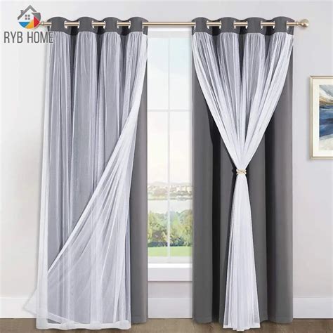 Ryb Home 이중 레이어 드레이프 암막 커튼 믹스 매치 거실 및 침실용 모던 창문 시어 무료 타이백 Aliexpress