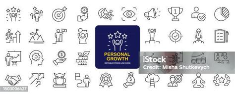 개인 성장과 성공 라인 스타일의 웹 아이콘 세트 웹 및 모바일 앱을 위한 성장 및 성공 아이콘 성장 이익 경력 발전 비즈니스 사람 전략 코칭 개인 교습 성공 Mental