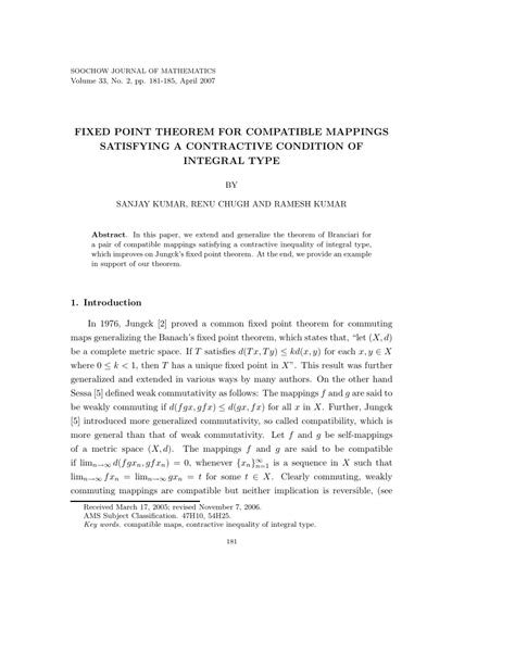 Pdf Fixed Point Theorem For Compatible Mapping Satisfying A Contractive Condition Of Integral Type