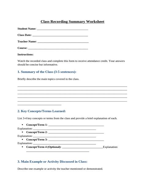 class recording summary worksheet pdf
