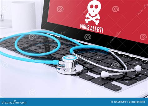 Stethoscope On Laptop Keyboard With Screen Showing Virus Alert Stock