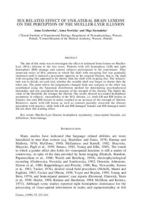 Sex Related Effect Of Unilateral Brain Lesions On The Perception Of The