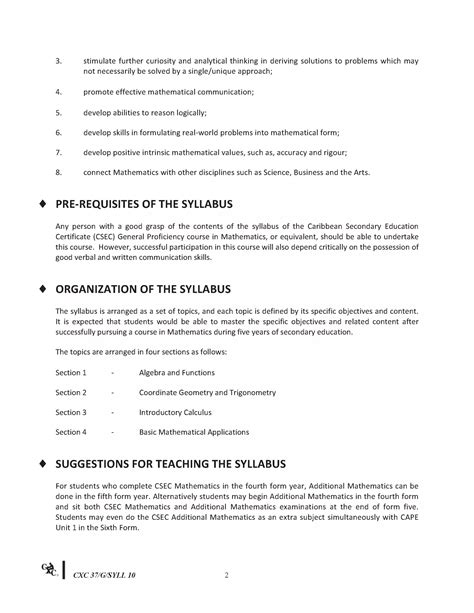 Cxc Csec Syllabus For Additional Mathematics Pdf