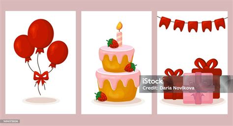 생일 카드 세트입니다 풍선 선물 케이크 및 화환 깃발이 있는 컬렉션 생일 축하 파티 벡터 인사말 카드입니다 갈란드 장식품에 대한 스톡 벡터 아트 및 기타 이미지 Istock