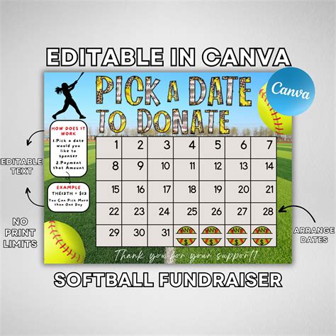 Editable Softball Fundraiser Calendar Calendar Fundraiser Etsy