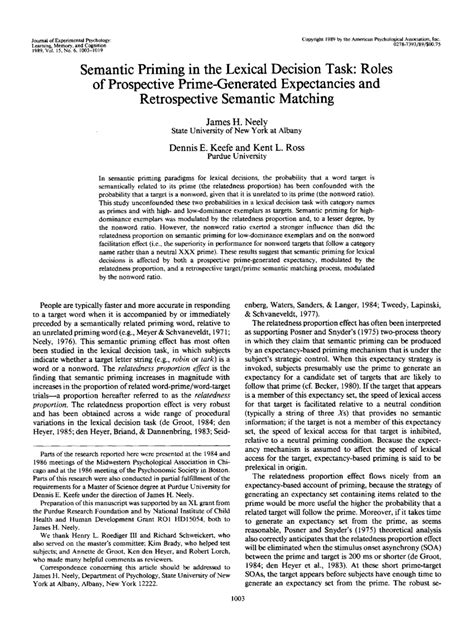 Pdf Semantic Priming In The Lexical Decision Task Roles Of Prospective Prime Generated