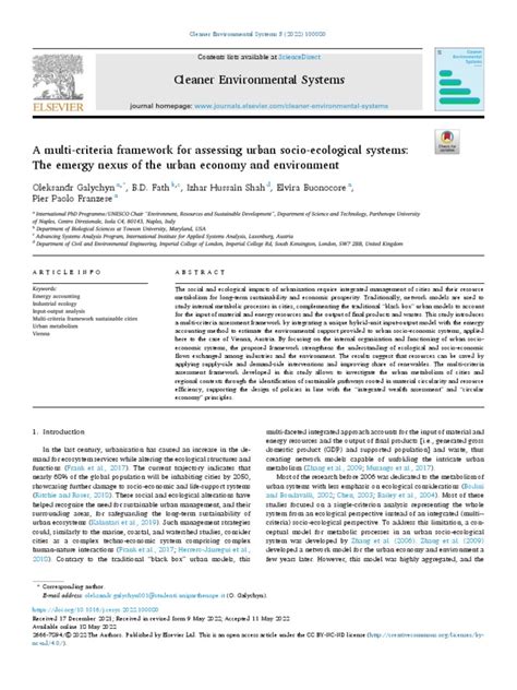 A Multi Criteria Framework For Assessing Urban Socio Ecological Systems The Emergy Nexus Of The