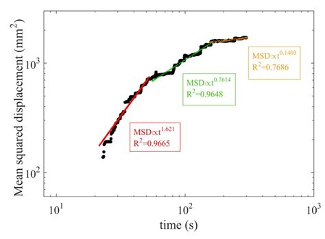 mean squared displacement msd versus time for tracer bed load