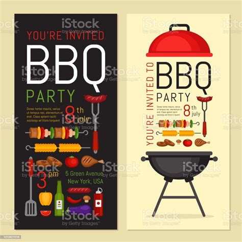 바베 큐 그릴 및 음식 파티 초대입니다 바베 큐 포스터입니다 음식 플라이어입니다 플랫 스타일 벡터 일러스트 레이 션 바베큐그릴에 대한 스톡 벡터 아트 및 기타 이미지