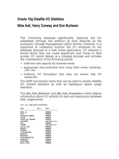 Oracle 10g Datafile Io Statistics Mike Ault Harry Conway And Don Burleson Pdf Databases