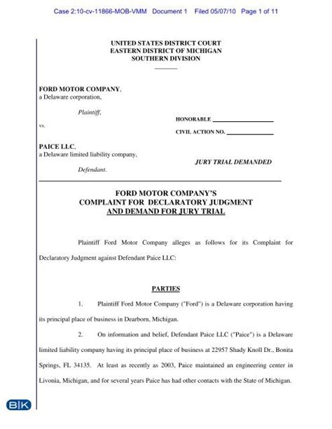 Ford Motor Companys Complaint For Declaratory Judgment