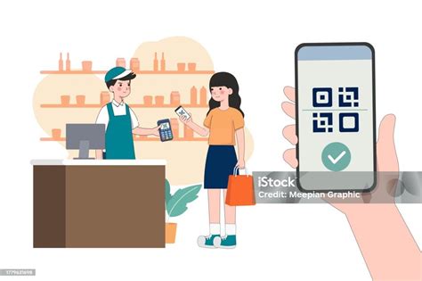 무현금 결제 시스템 여성은 모바일 무현금 결제 시스템을 사용하거나 Qr 코드를 스캔합니다 디지털 뱅킹 서비스를 이용하는 캐릭터 벡터 일러스트 레이 션 Brand Name