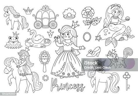 동화 흑백 공주 컬렉션 판타지 소녀 마차 인어 유니콘 개구리 왕자 백조의 큰 라인 벡터 세트 중세 동화 하녀 팩 또는 색칠 페이지 공주에 대한 스톡 벡터 아트 및 기타