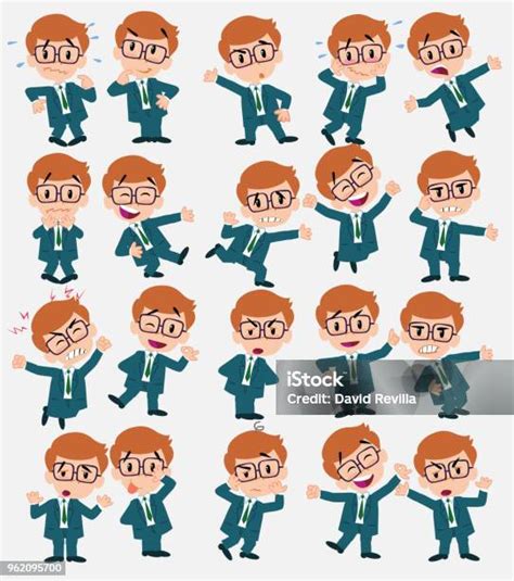 안경 만화 캐릭터 사업입니다 다른 자세 태도 포즈 고립 된 벡터 그림에 다양 한 활동을 하 고 설정 합니다 금융에 대한 스톡 벡터 아트 및 기타 이미지 Istock