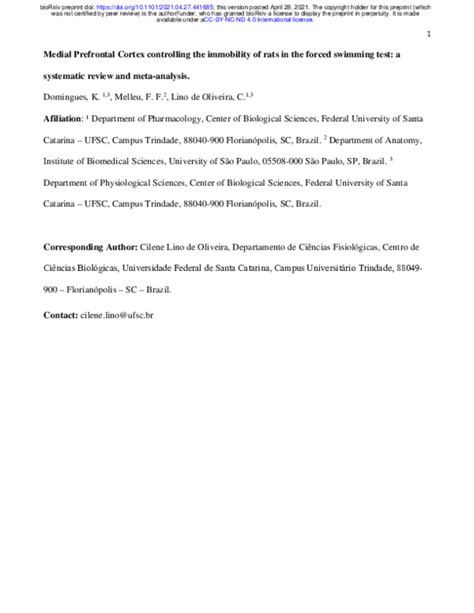 Pdf Medial Prefrontal Cortex Controlling The Immobility Of Rats In The Forced Swimming Test A