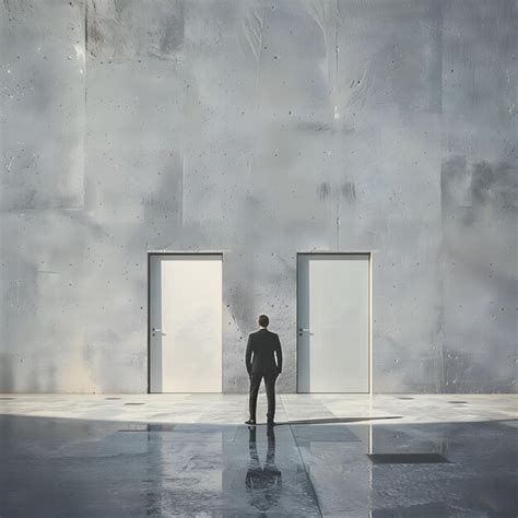 Premium Photo Man Standing At Crossroads Deciding Between Two Doors