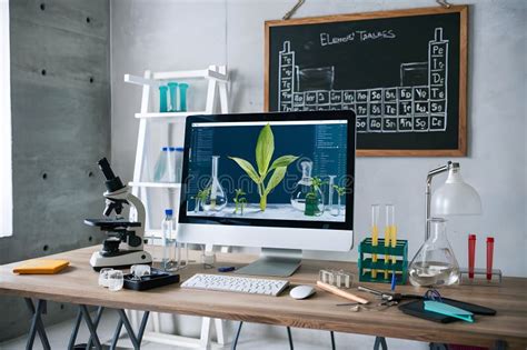 Sleek Modern Workspace With Computer Scientific Tools Chalkboard Concrete Wall And Window