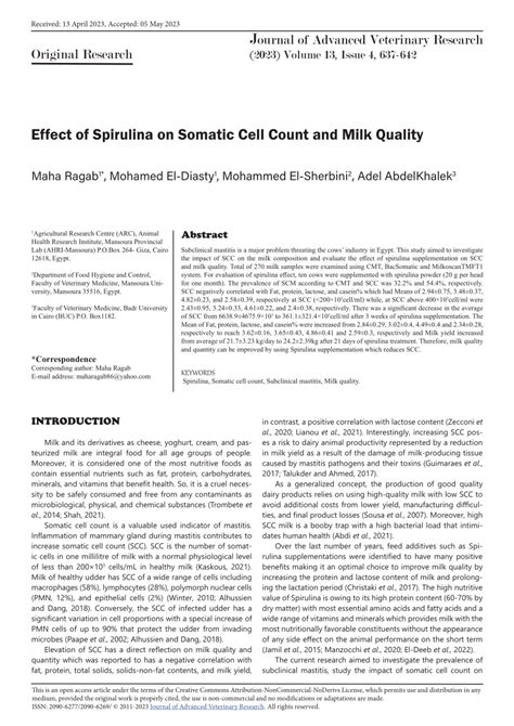 Pdf Effect Of Spirulina On Somatic Cell Count And Milk Quality