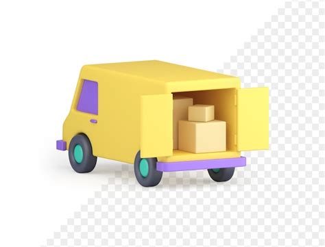 판지 패키지 현실적인 3d 아이콘으로 가득 찬 화물 미니밴 노란색 자동차 문 프리미엄 Psd 파일