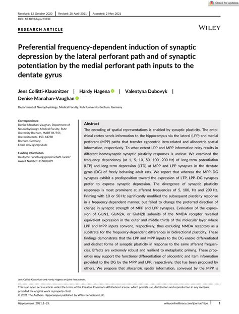 Pdf Preferential Frequency‐dependent Induction Of Synaptic Depression