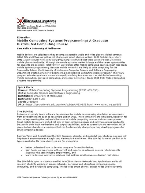 Mobile Computing Systems Programming A Graduate Distributed Computing Course Pdf Smartphone
