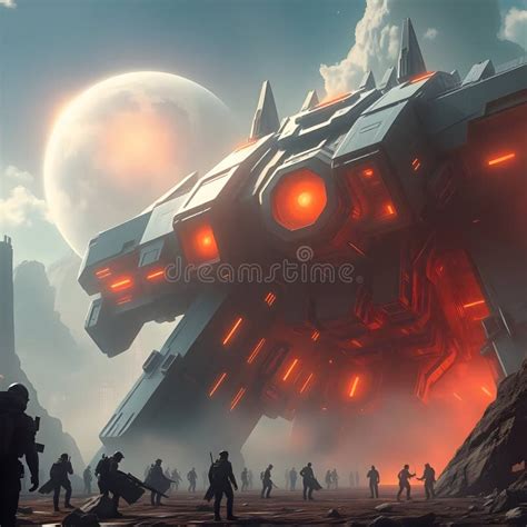 Futuristic Invasion Scene With Soldiers And Giant Spaceship Under A Pale Moon Stock Image