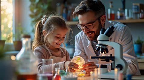 Curious Girl And Scientist Dad Exploring Science Good Resolution Stock